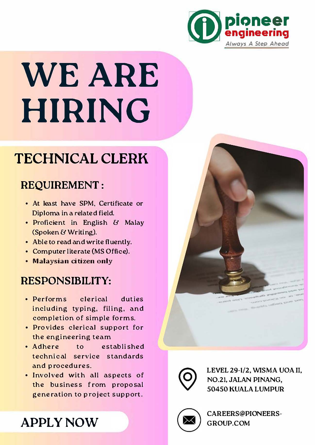 TECHNICAL CLERK – Pioneers Group